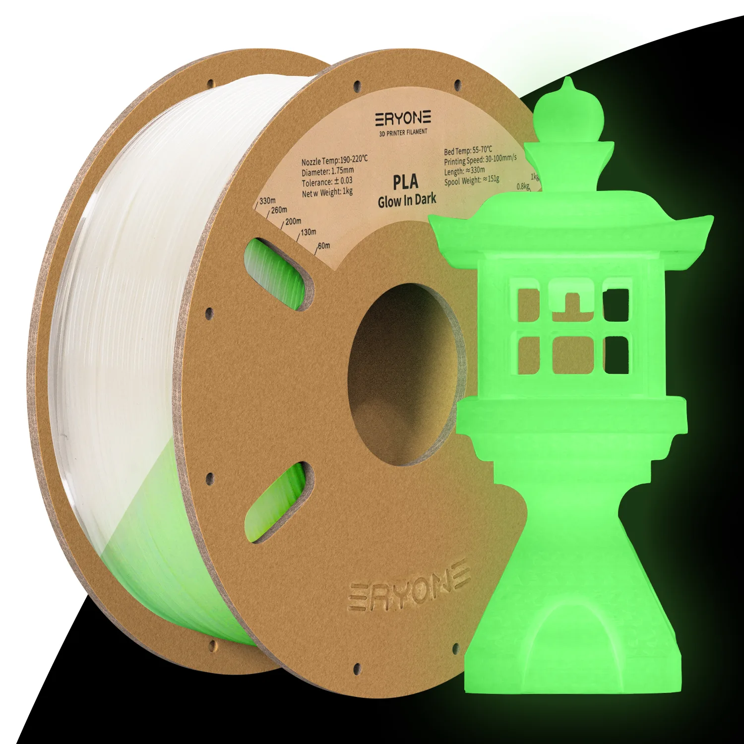 ERYONE Glow-in-the-Dark Green PLA Filament for 3D Printers, 1kg Spool ...
